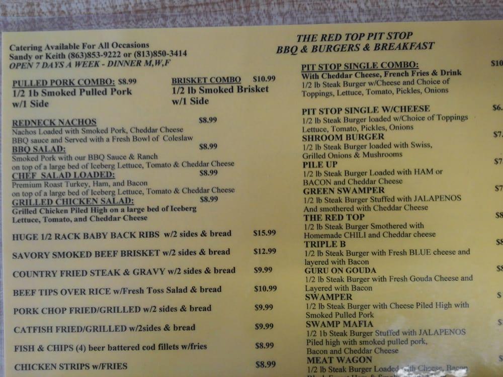 Menu at The Red Top Pit Stop BBQ, Lakeland, US Hwy 98 N