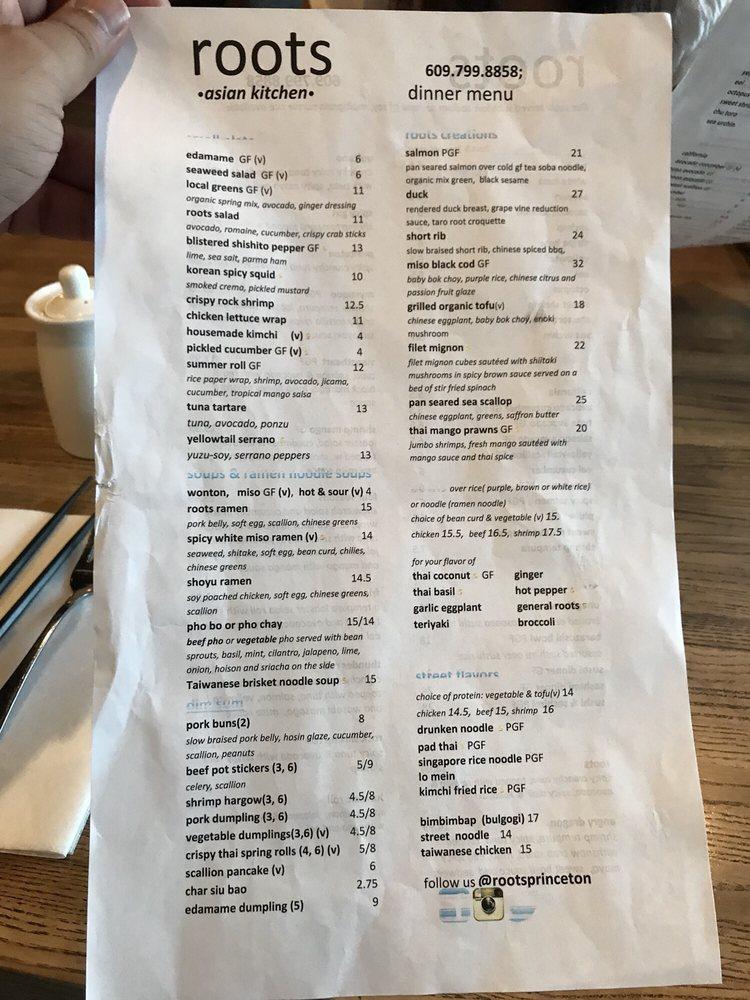 Menu at roots restaurant, Princeton