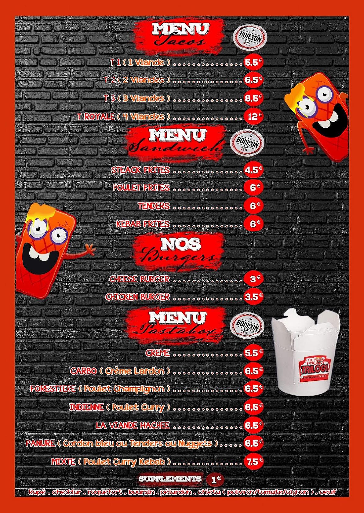 Menu au Tacos Le Trilogi (TLT) restaurant, Alès