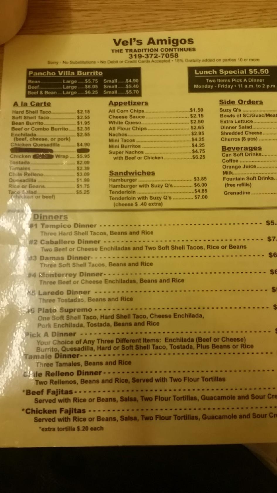 Menu at Vel's Amigos Continued restaurant, Fort Madison, 37th St #3315
