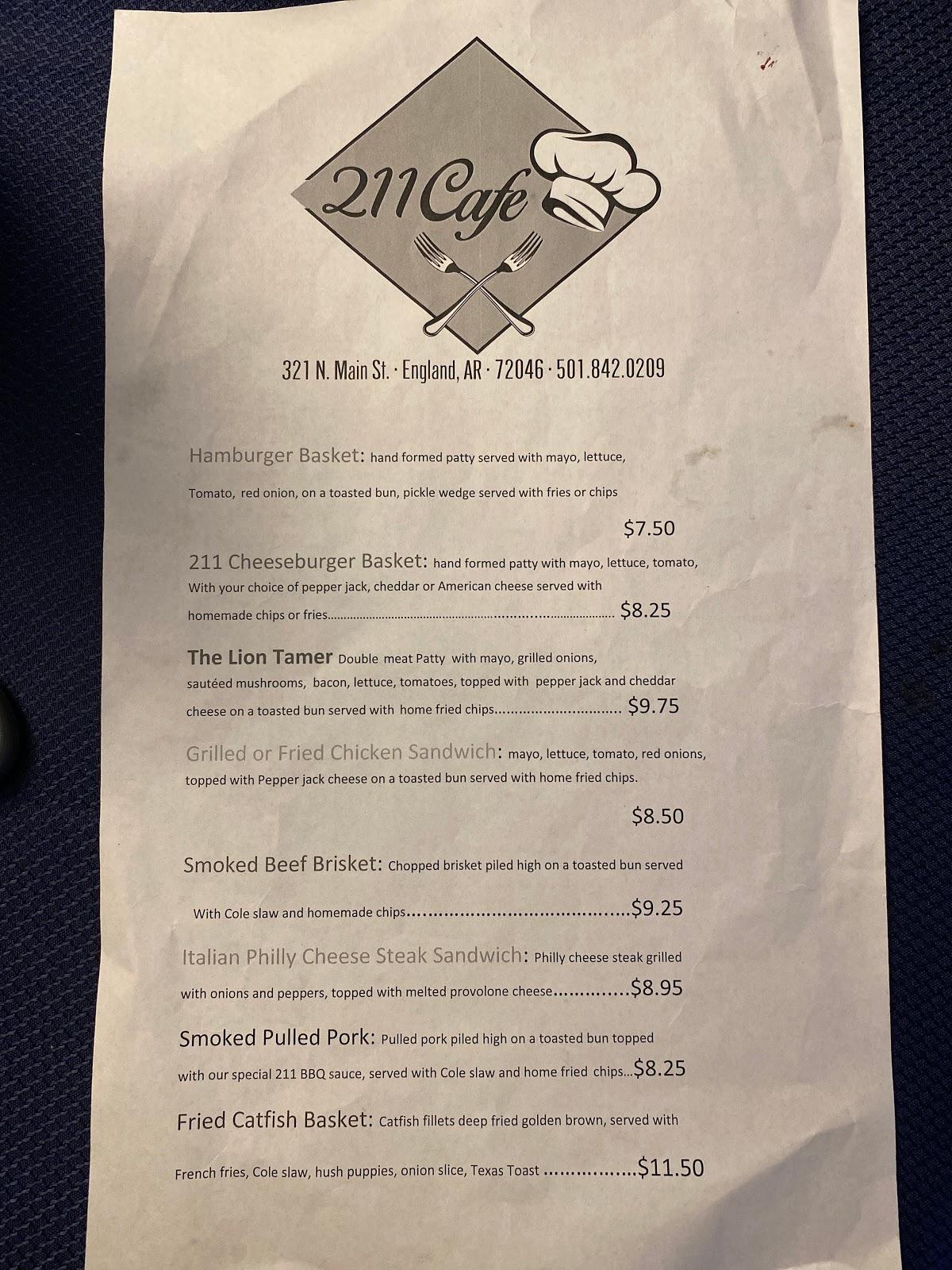 Menu at 211 Cafe, England, 321 N Main St