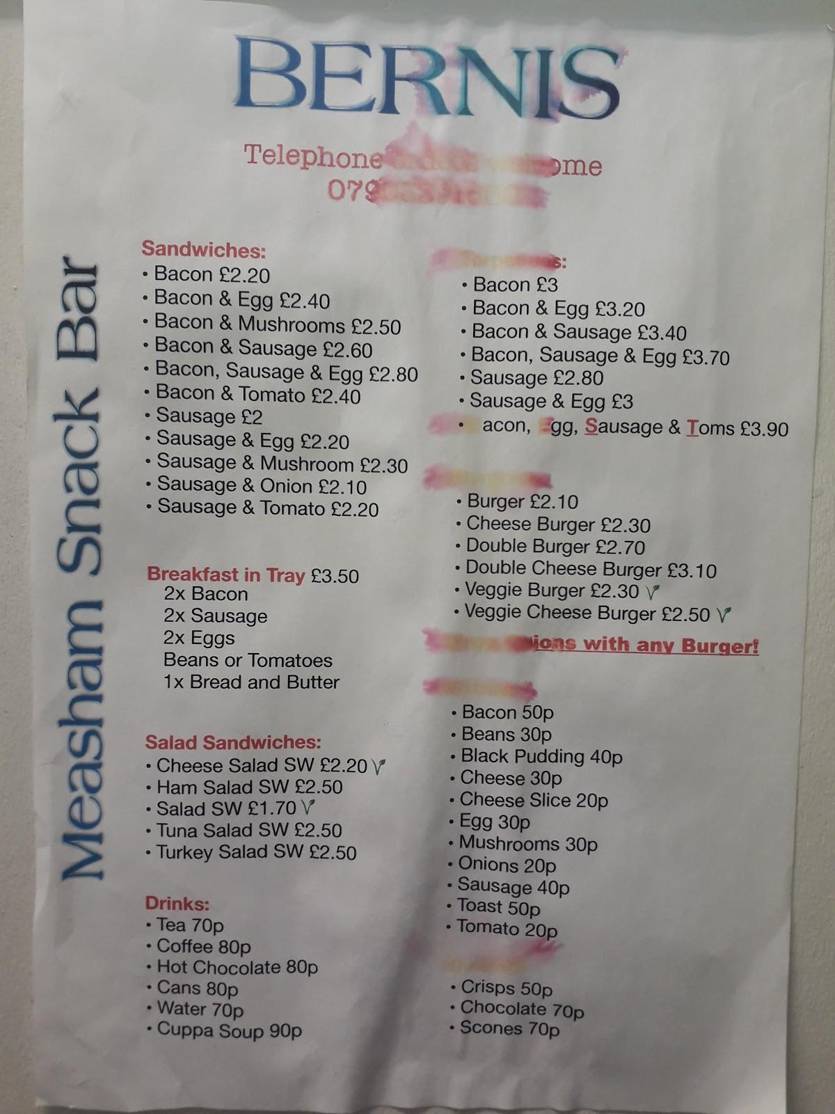 Menu at Bernie's cafe, Oakthorpe and Donisthorpe