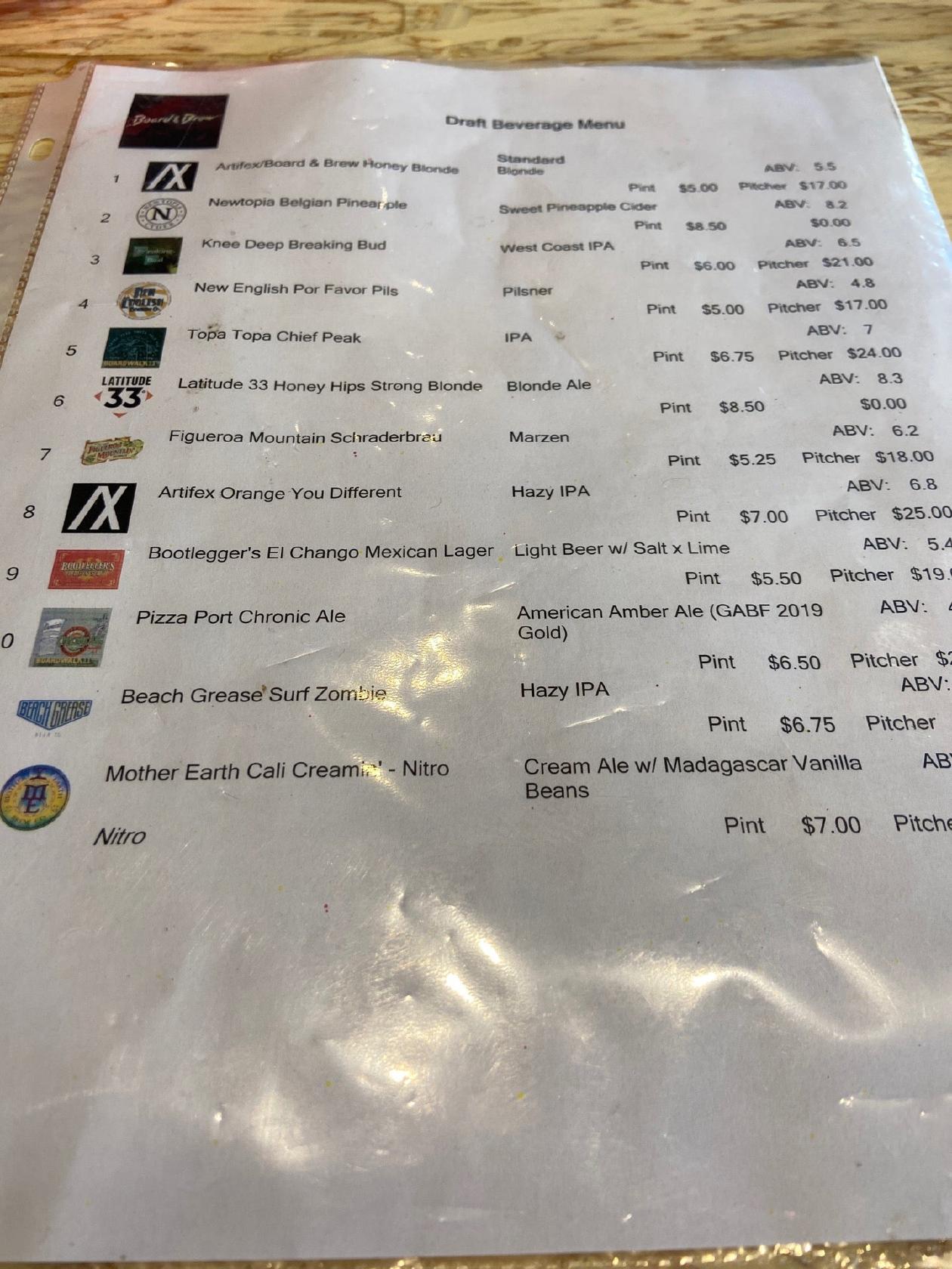 Menu at Board & Brew - Oceanside pub & bar, Oceanside