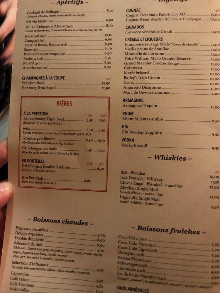 Menu au Bofinger restaurant, Paris, 5-7 Rue de la Bastille