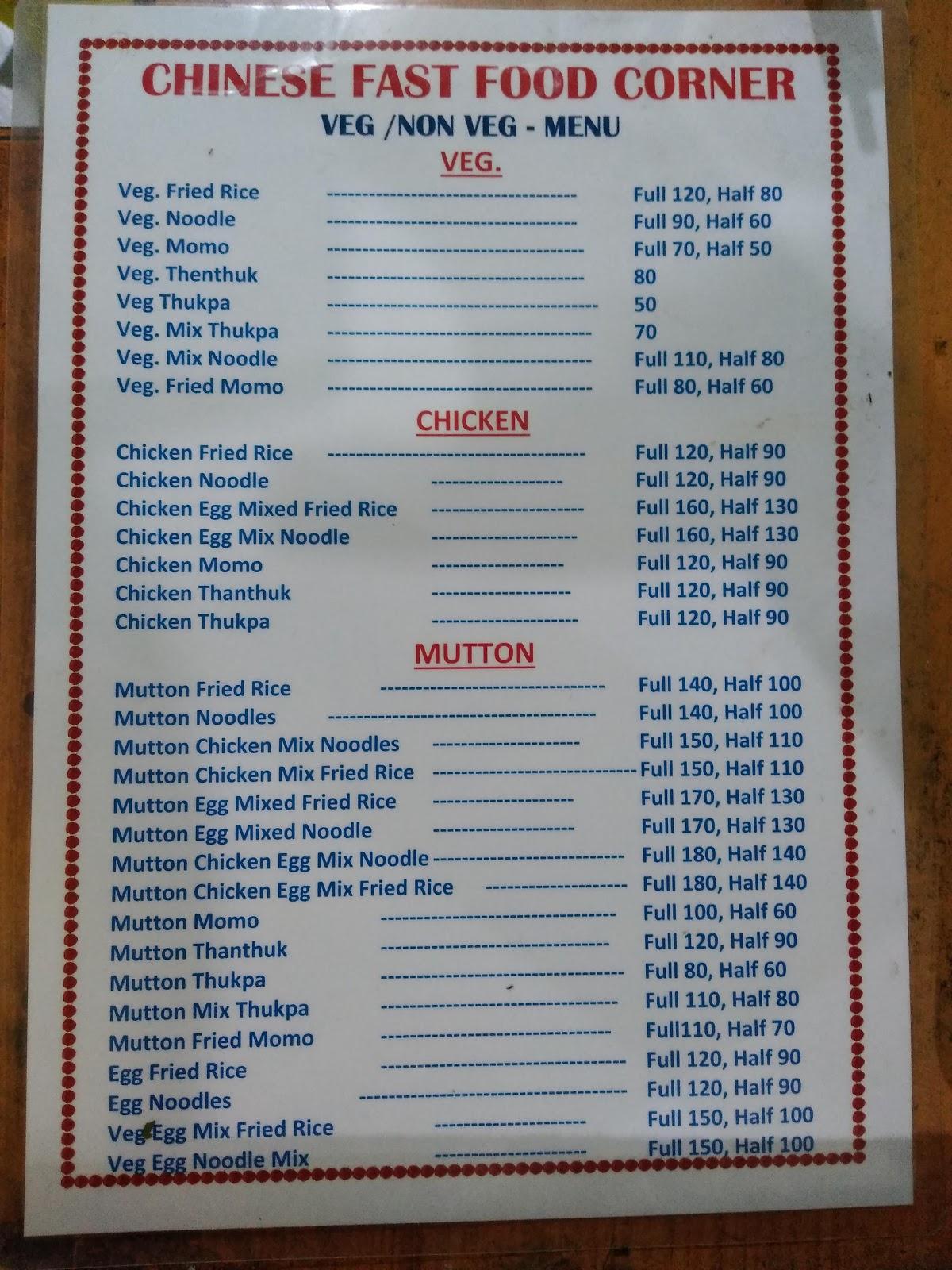 Menu at Chinese Fast Food Corner Veg & Non-Veg Raju Lama, Manali