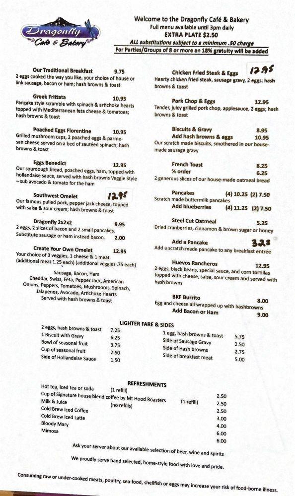 Menu at Dragonfly Cafe & Bakery, Mount Hood Village, US-26 #2a