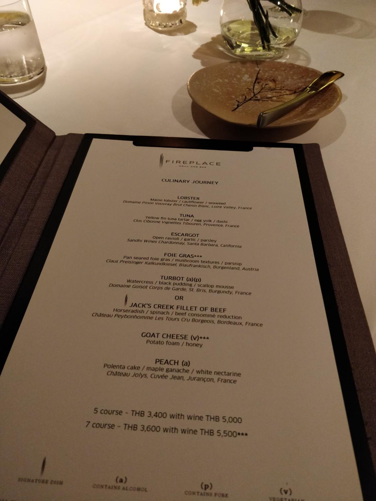 Menu at Fireplace restaurant, Bangkok