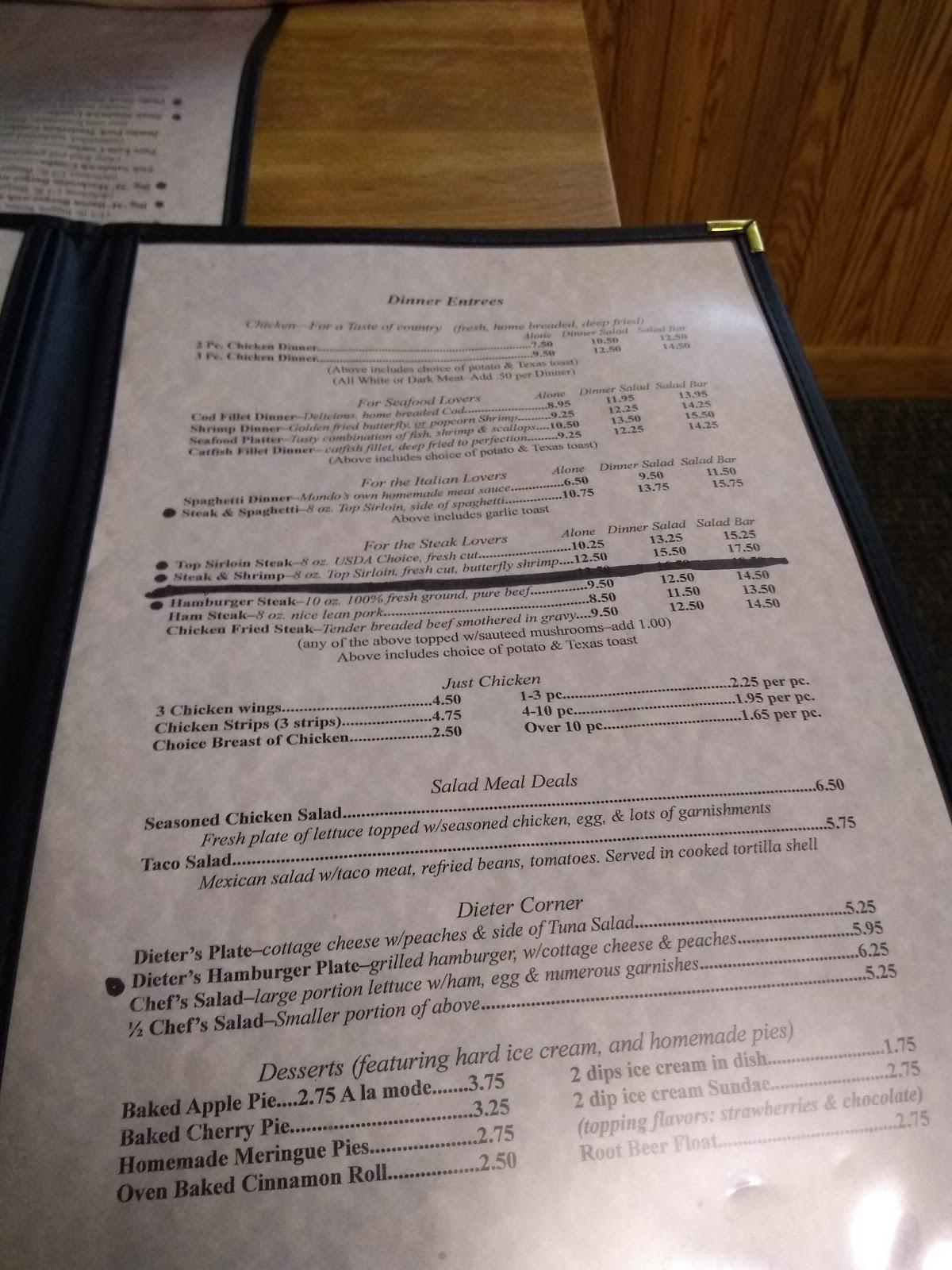 Menu at Mondo's Restaurant, Shenandoah