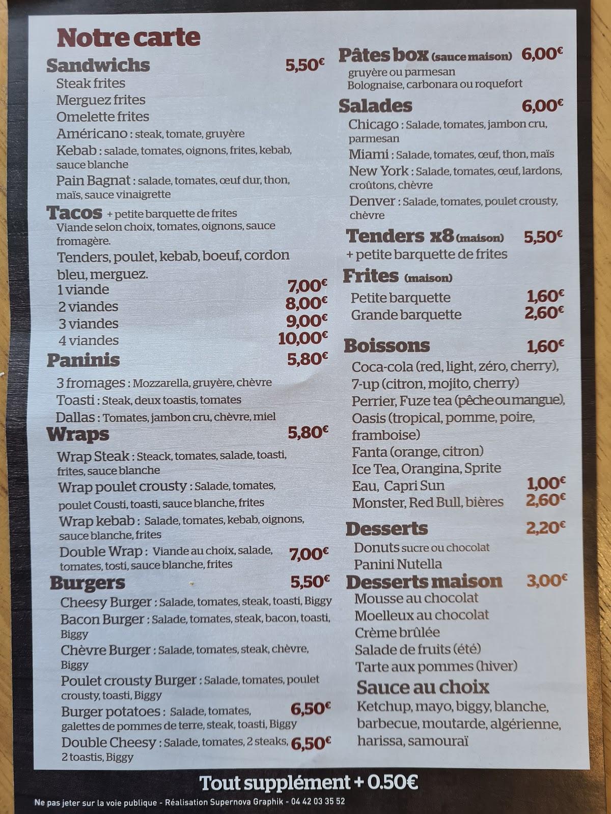 Menu at New Campus restaurant, Aubagne