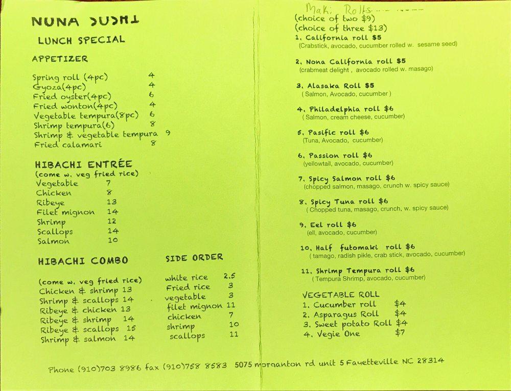 Menu at Nona Sushi restaurant, Fayetteville, Morganton Rd