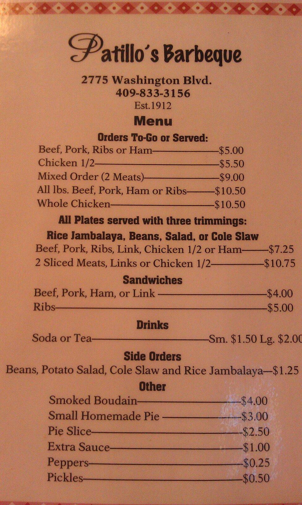 Menu at Patillo's Barbeque, Beaumont, Washington Blvd