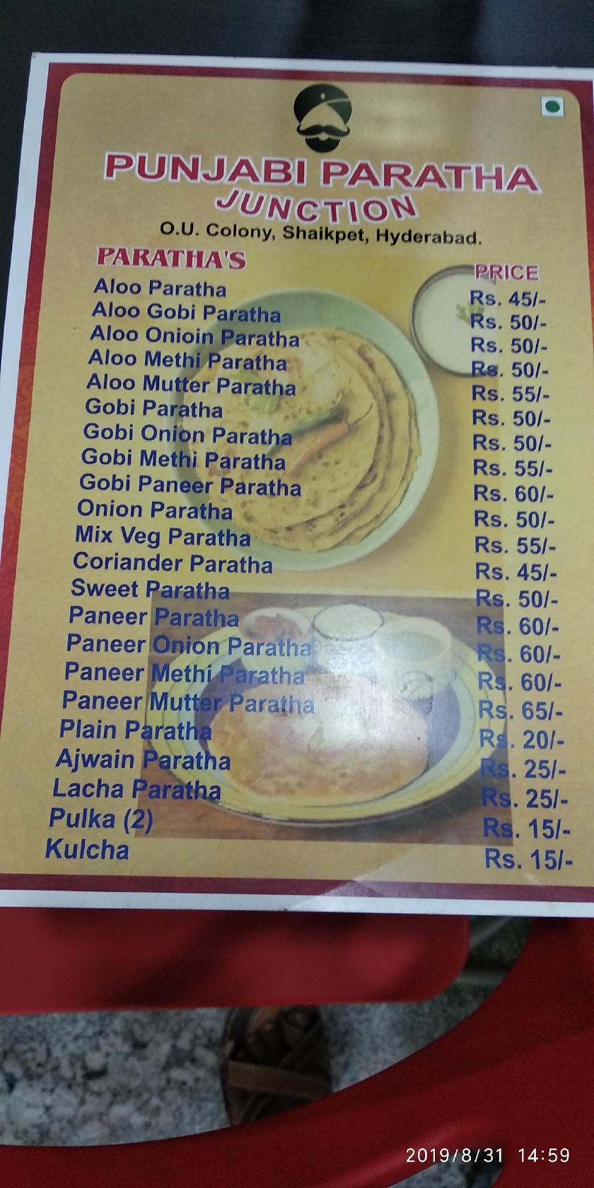 Menu at Punjabi Paratha Junction, Hyderabad, 308