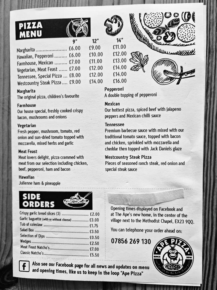 Menu at The pizza ape pizzeria, Bude-Stratton