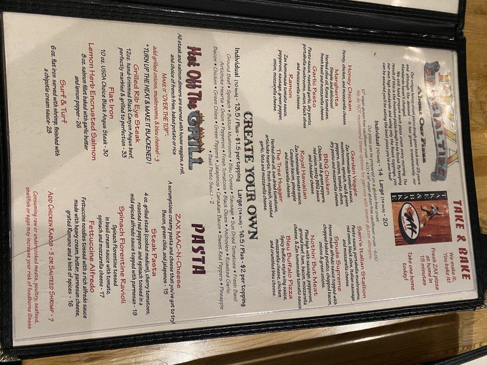 Menu at Zax Restaurant, Moab