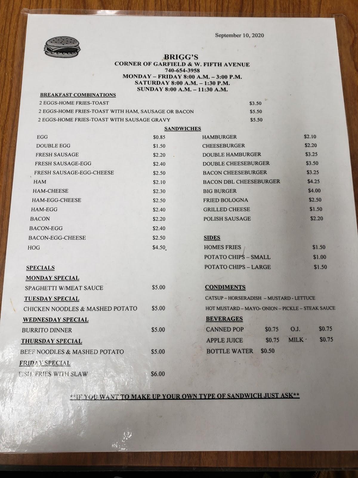Menu at Brigg's Sandwiches pub & bar, Lancaster