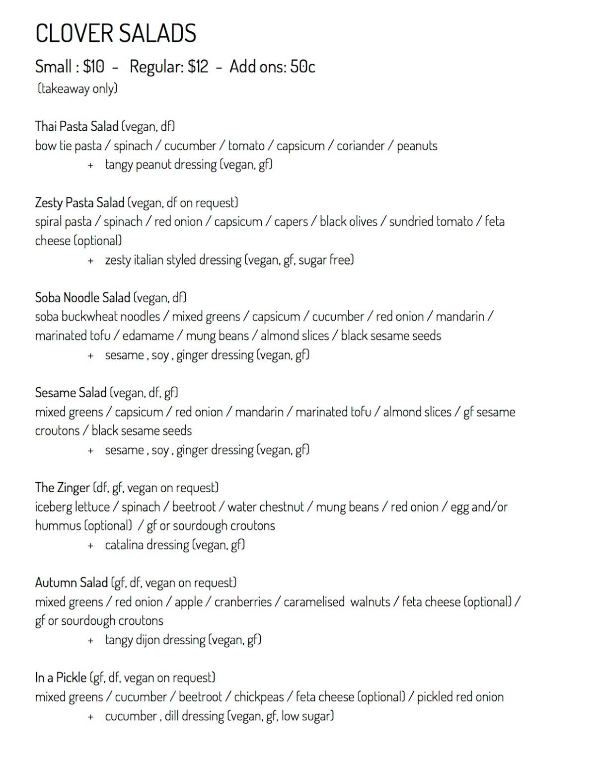 Menu at Clover restaurant, Raglan