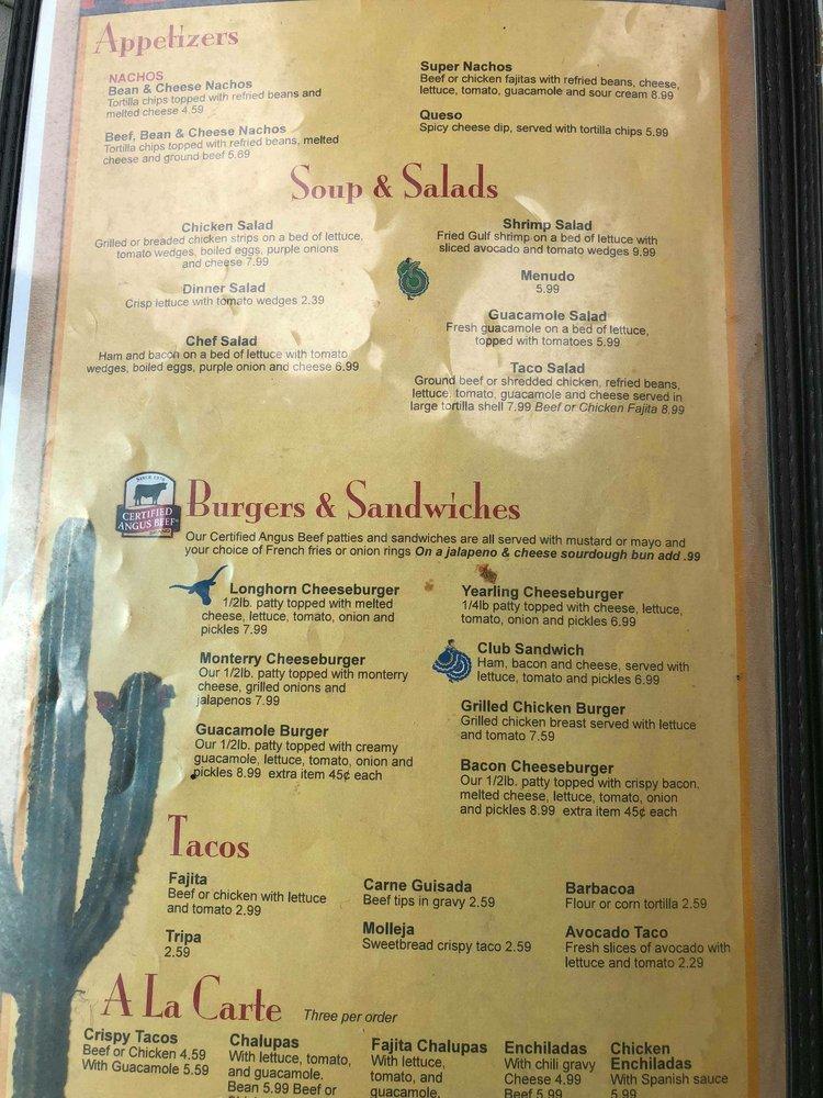 Menu at Las Tres Hermanas restaurant, George West, Hwy 281