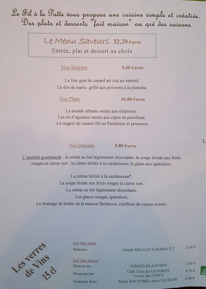Menu au Le Fil À La Patte restaurant, Tarbes