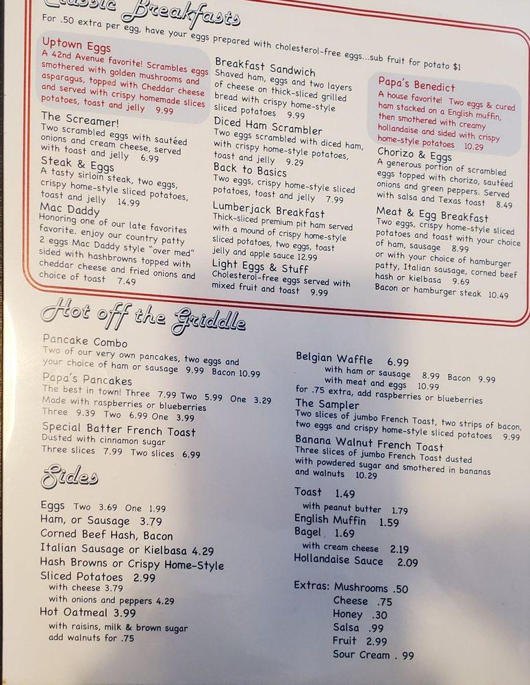Menu at Papa's Cafe, New Hope