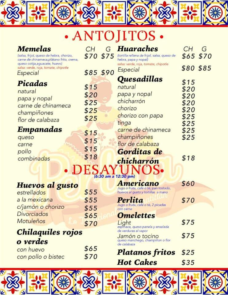 Menu at Perlita Antojitos Mexicanos restaurant, Minatitlán