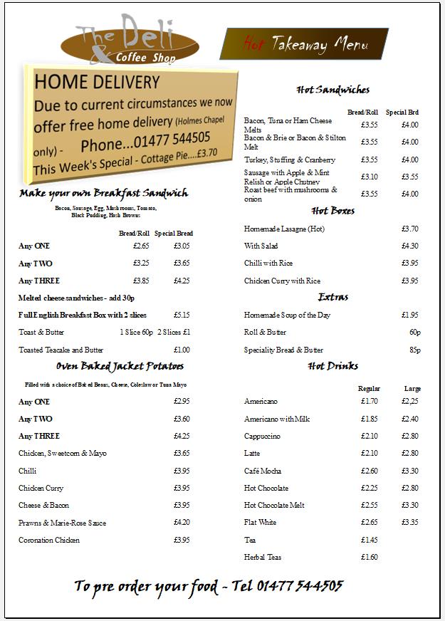 Menu at The Deli & Coffee Shop cafe, Holmes Chapel