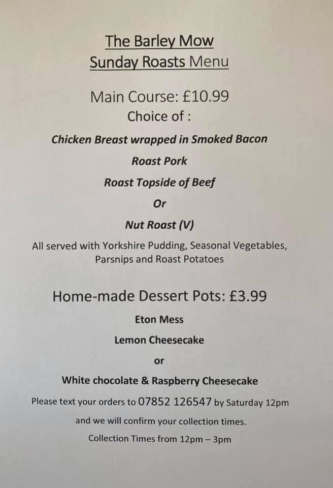 Menu at Barley Mow, Maidenhead