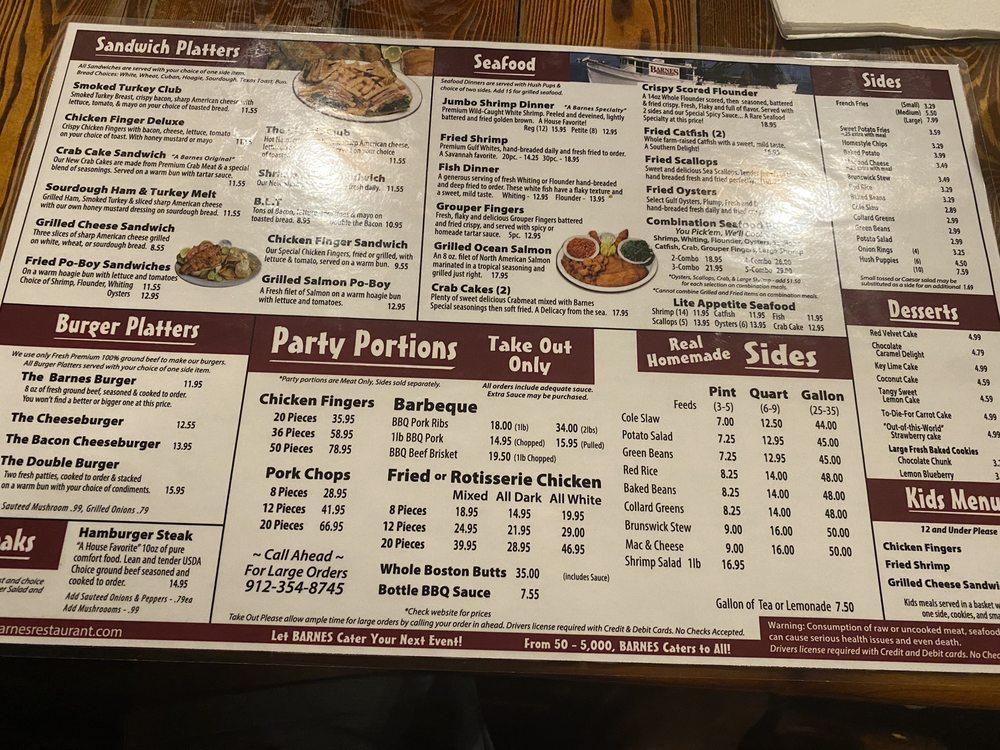 Menu at Barnes Restaurant, Savannah, Waters Ave