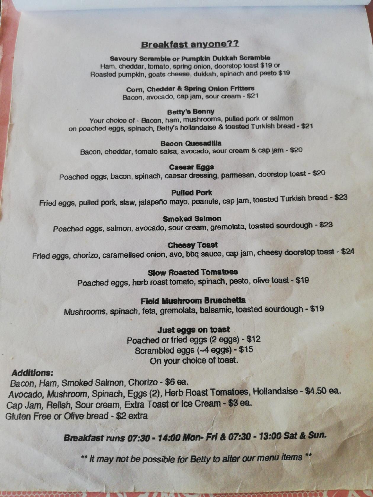 Menu at Betty Blue & The Lemon Tart restaurant, Townsville, 95 Denham St