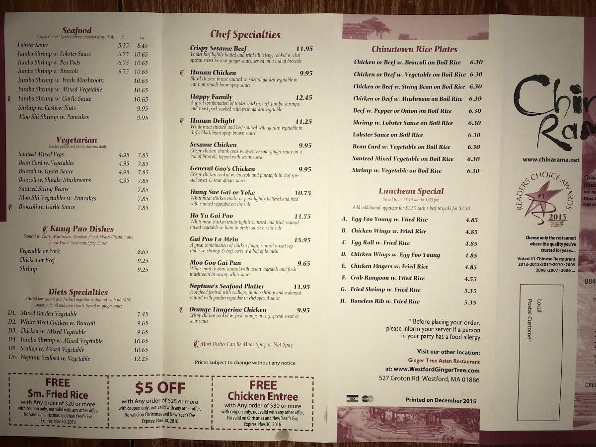 Menu at China Rama restaurant, Norwood, 884 Washington St