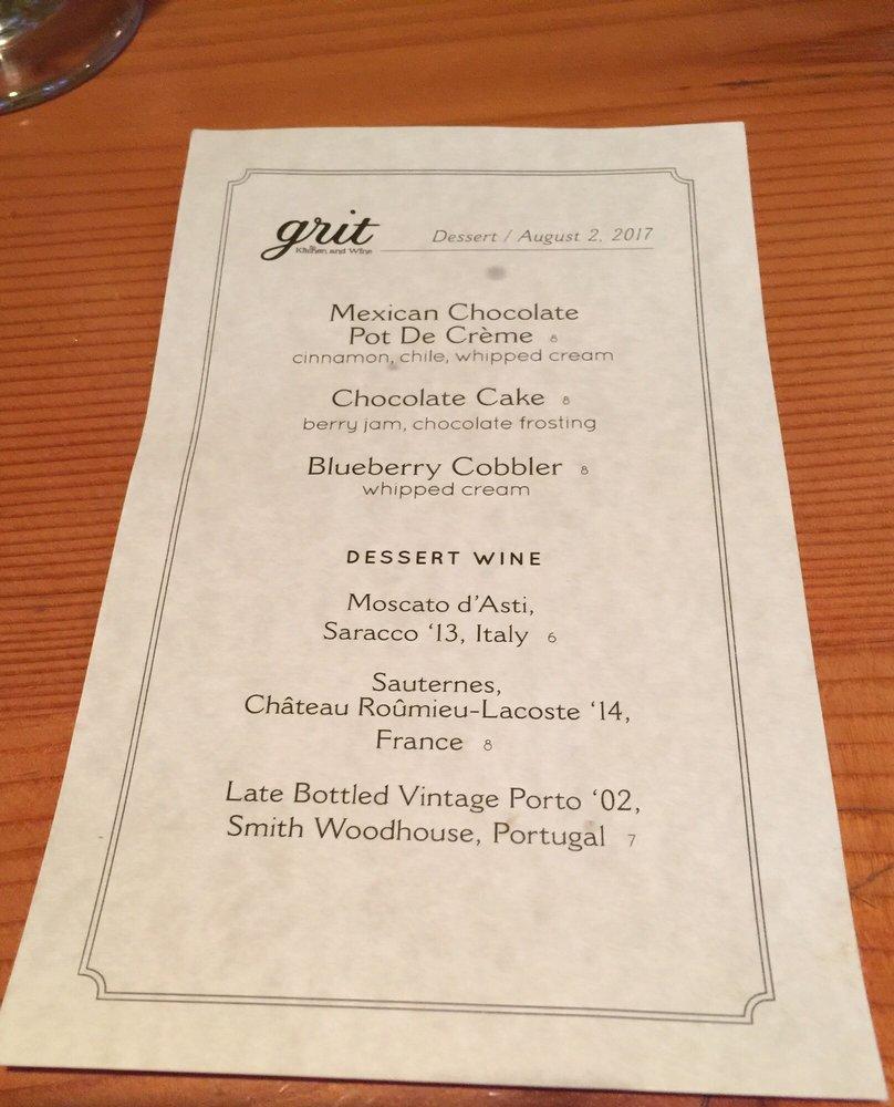 Menu at Grit restaurant, Eugene