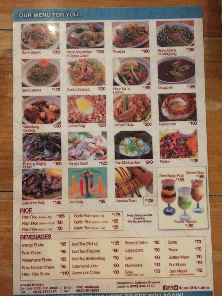 Menu at House of Lechon restaurant, Cebu City, Acacia St