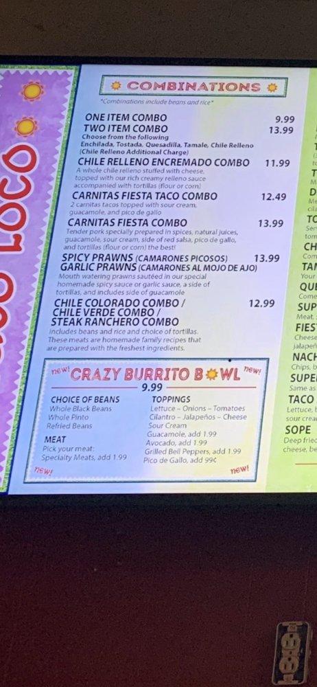 Menu at Taco Loco restaurant, Fortuna