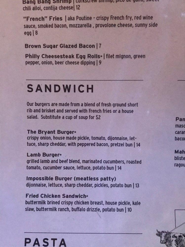 Menu at The Bryant pub & bar, West Lafayette, Sagamore Pkwy W