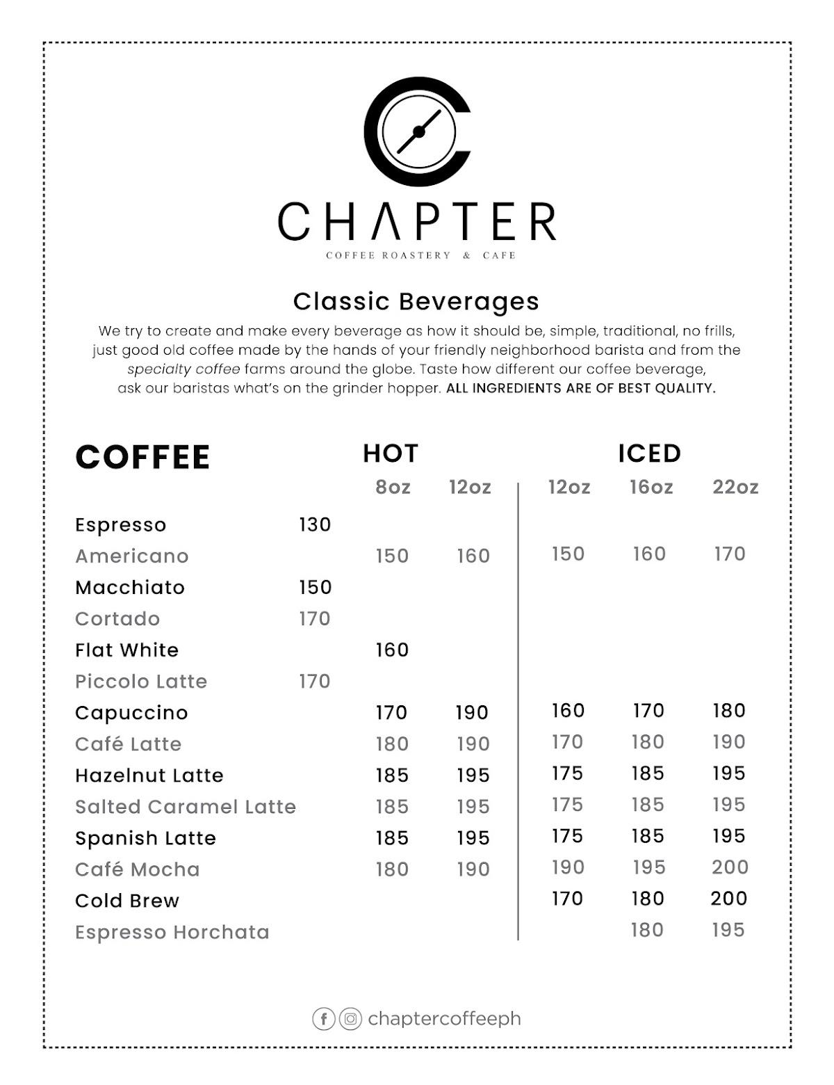 Carta de Chapter Coffee Roastery & Cafe - Antipolo City, Antipolo