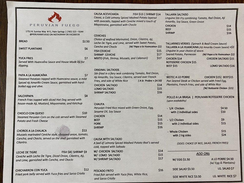 Carta del restaurante Peruvian Fuego, Palm Springs