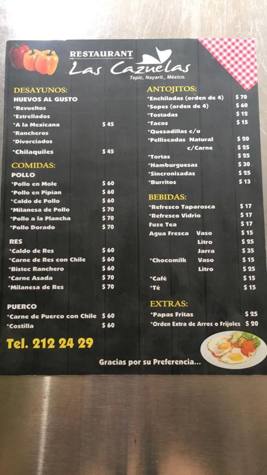 Menu at Las Cazuelas restaurant, Tepic