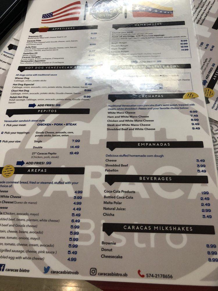 Menu at Caracas Bistro restaurant, Mishawaka