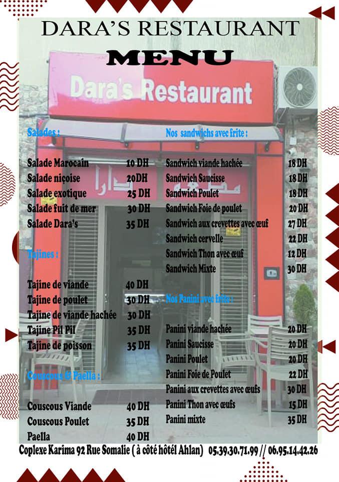 Menu at Dara's Restaurant, Tangier