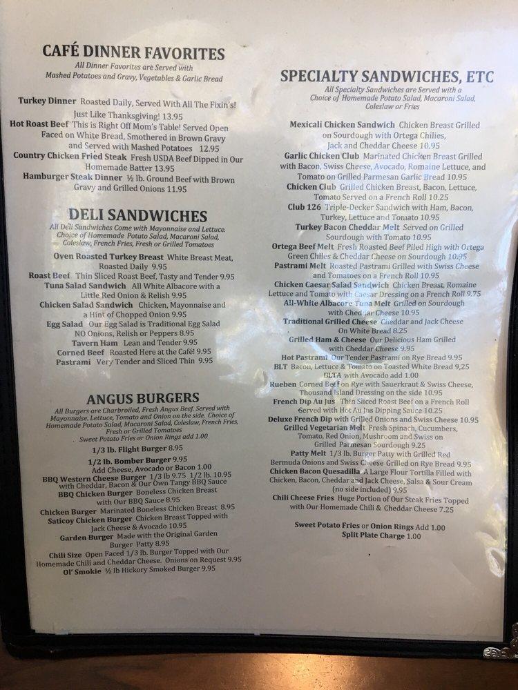 Menu at Flight 126 Cafe, Santa Paula