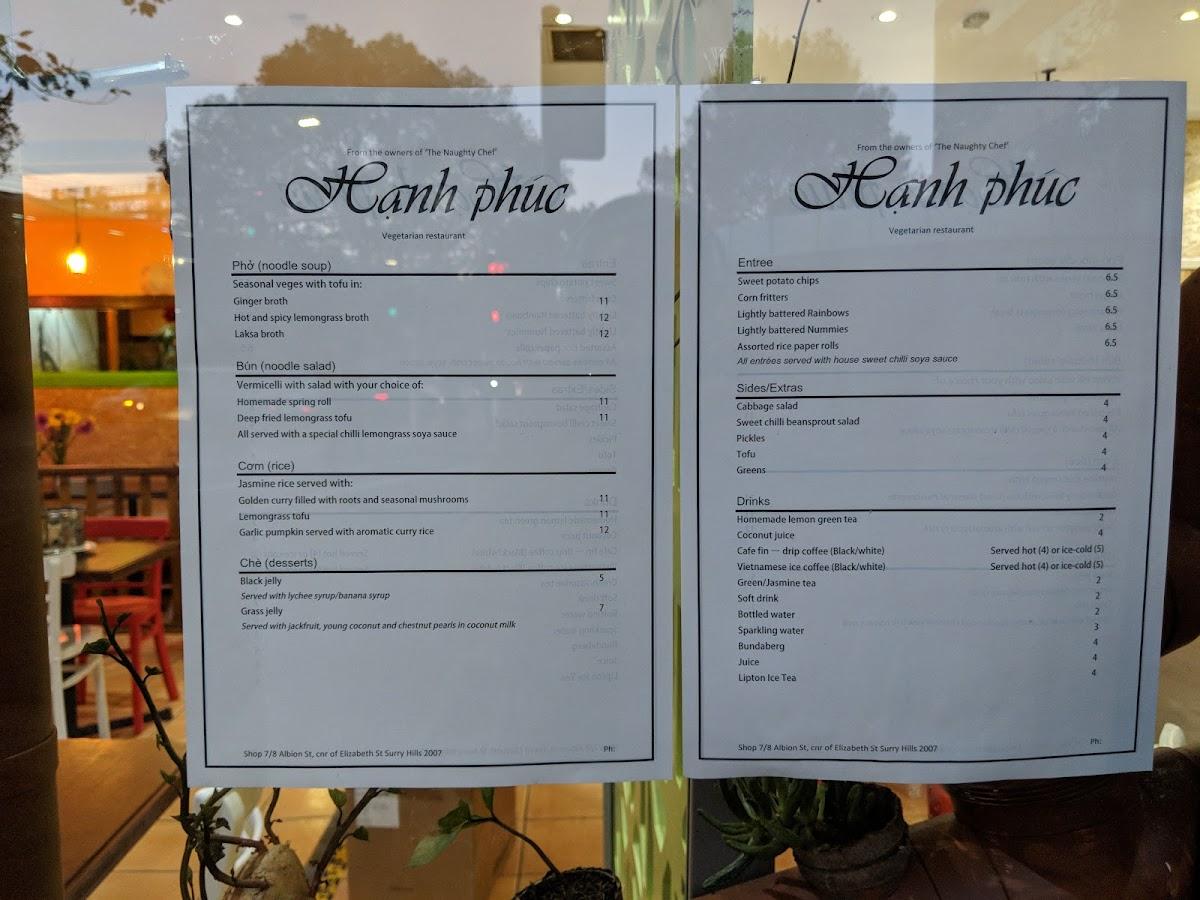 Menu at Hạnh Phúc Vegan restaurant, Surry Hills