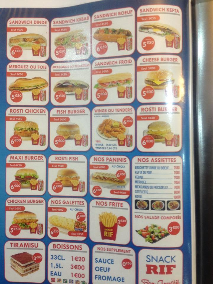 Menu at Snack rif restaurant, Lille