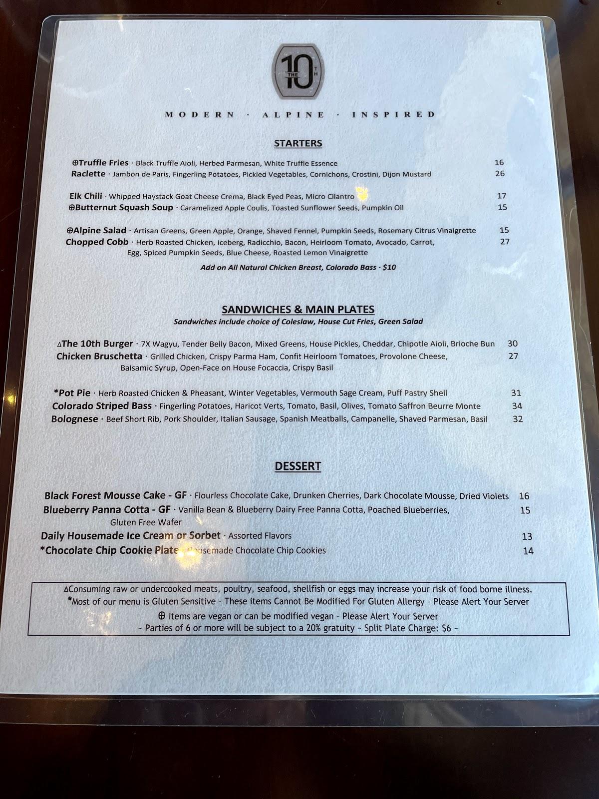 Menu at The 10th restaurant, Vail, Main Vail