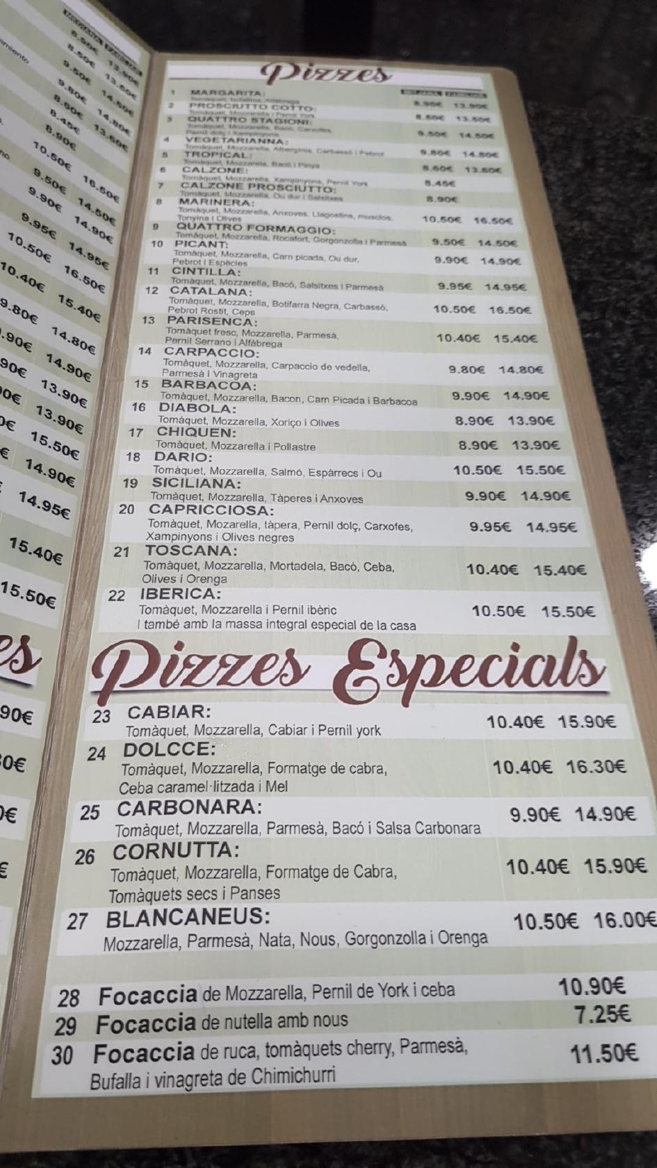 Menu at Pizzería toscana, Quart