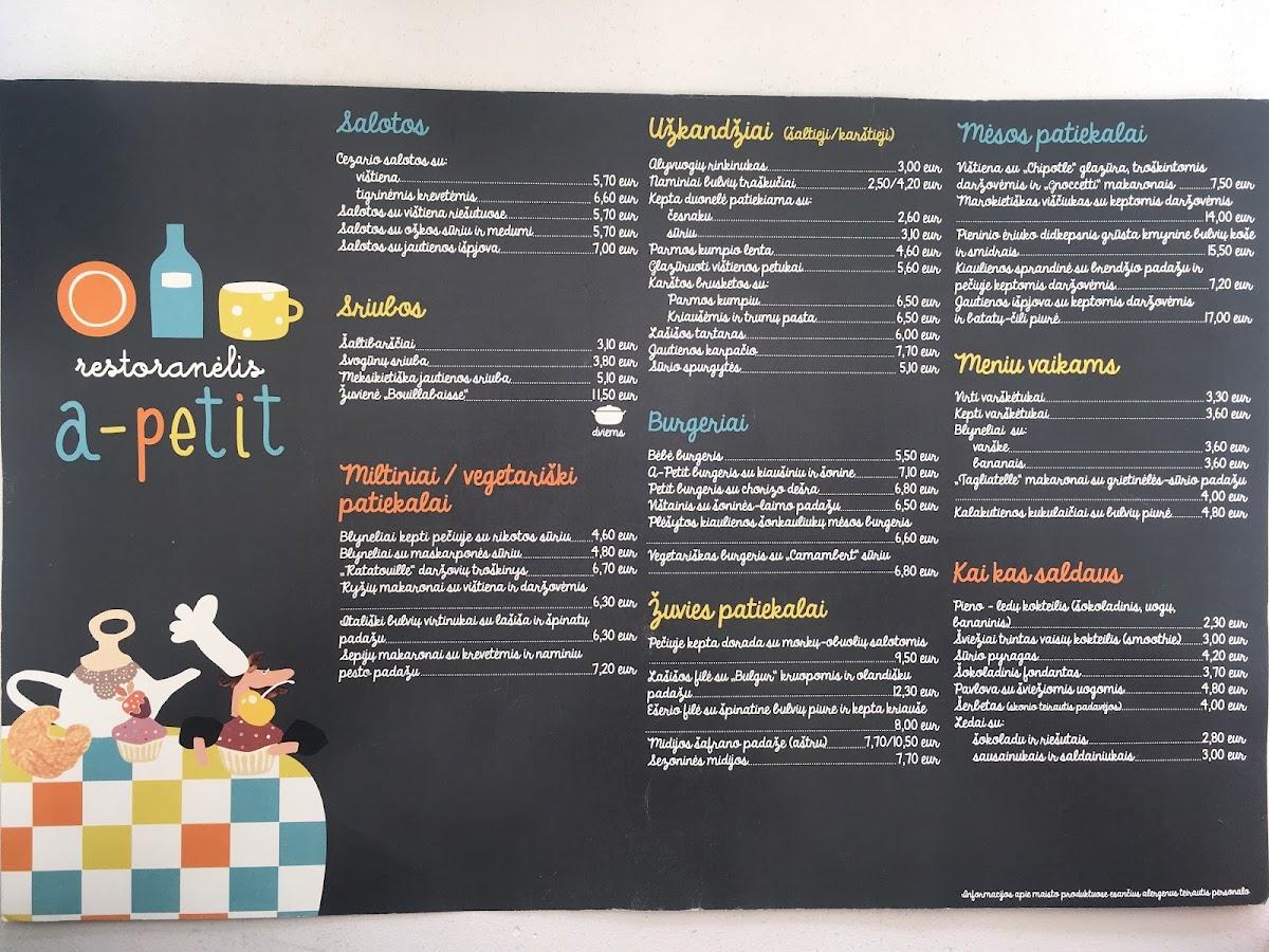 Menu at A-petit restaurant, Palanga