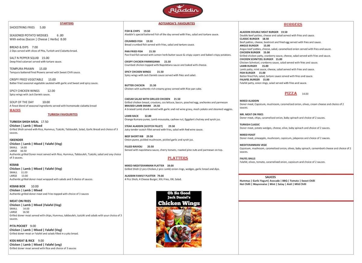 Menu at Turkuaz kebab cafe Napier, Napier