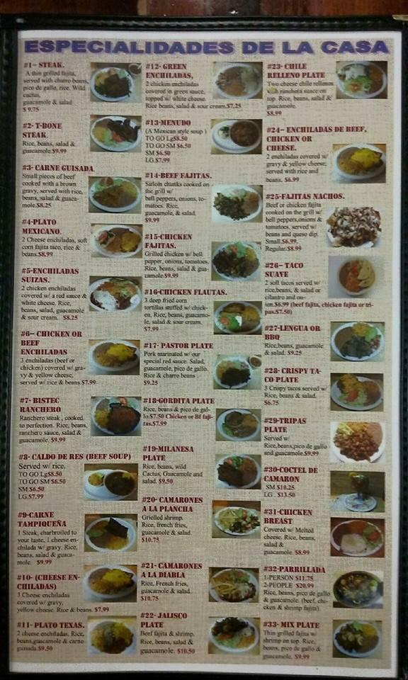Menu at Arandas Taqueria restaurant, Slaton