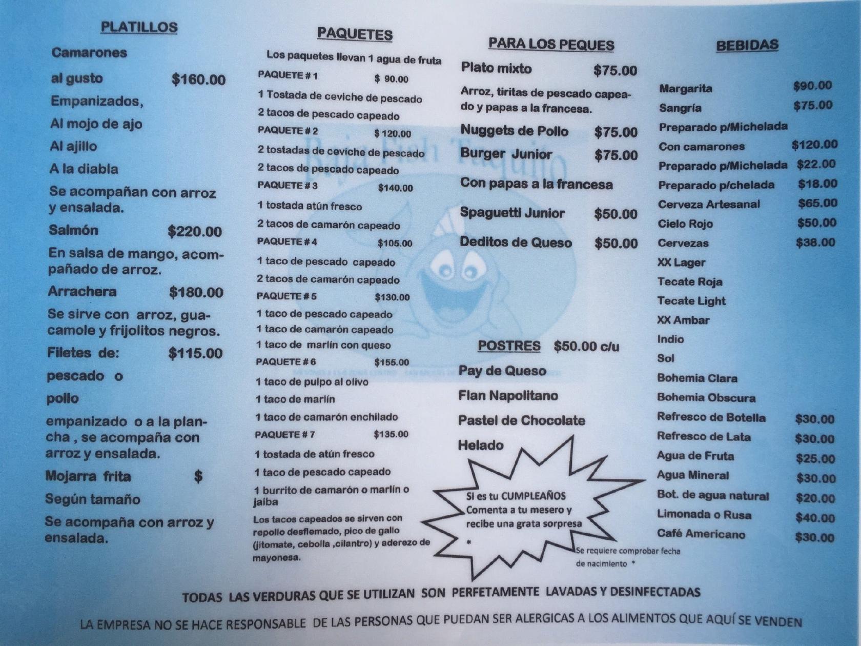 Carta del restaurante Baja Fish Taquito, San Miguel del Allende