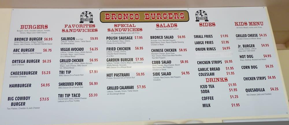 Menu at Bronco Burger restaurant, Paso Robles
