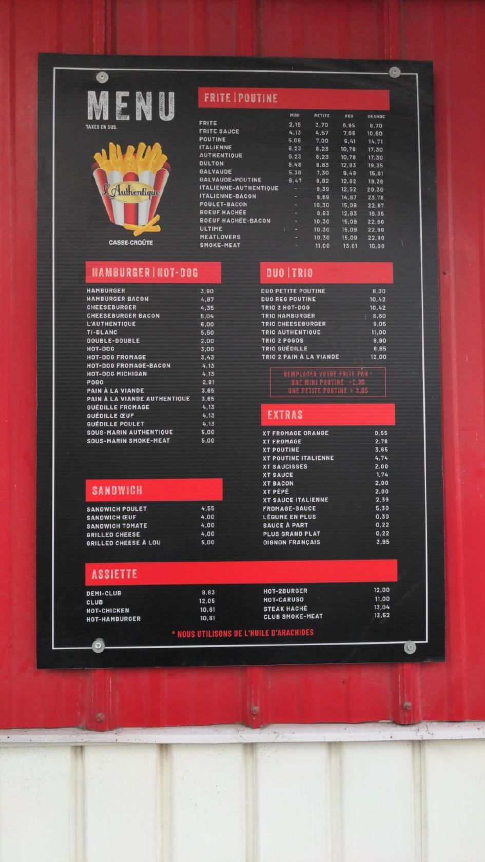 Menu au Casse-Croûte L'Authentique restaurant, Québec