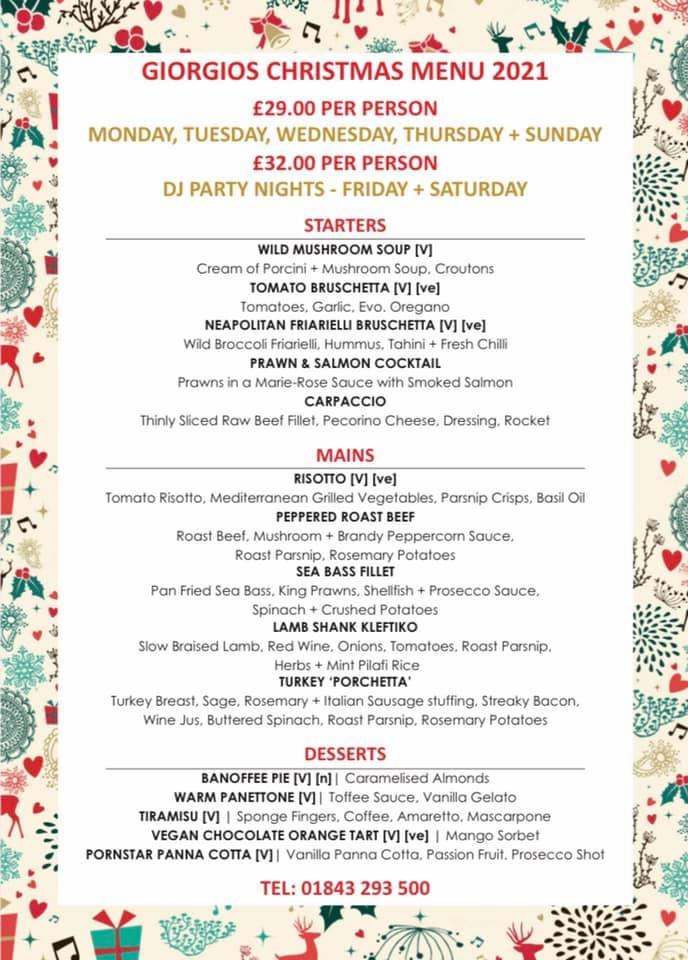 Menu at Giorgios restaurant, Margate
